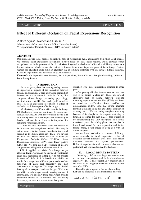 (PDF) Effect of Different Occlusion on Facial Expressions Recognition | Ramchand Hablani ...