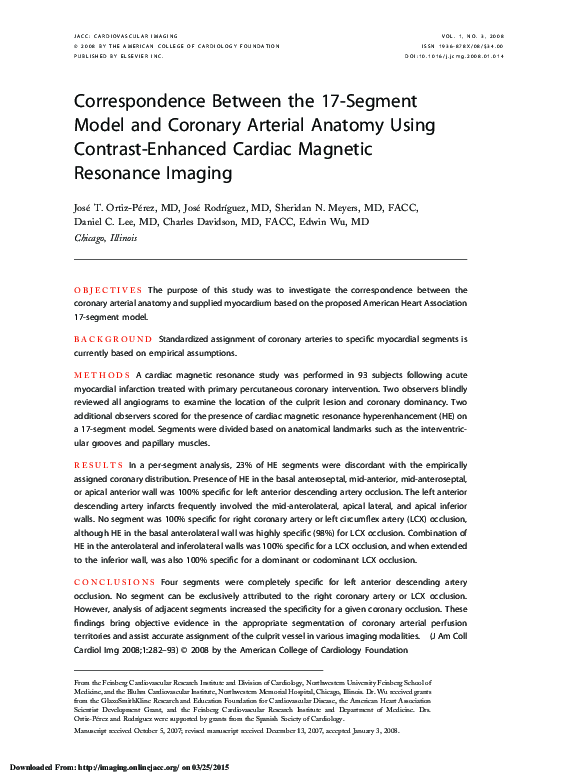 (PDF) Correspondence Between the 17-Segment Model and Coronary Arterial ...