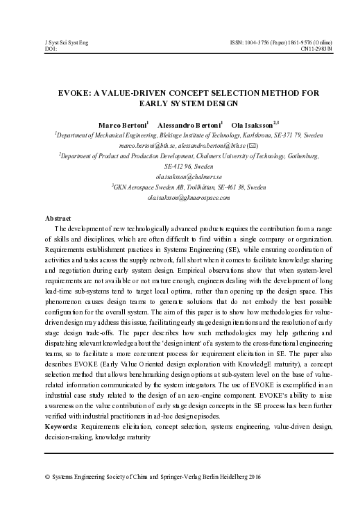 (PDF) EVOKE: A Value-Driven Concept Selection Method for Early System ...