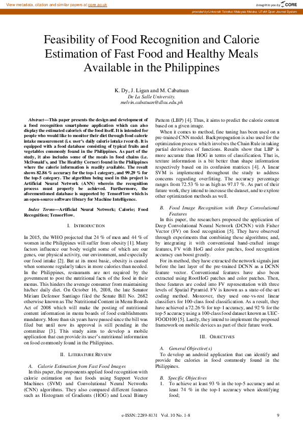(PDF) Feasibility of Food Recognition and Calorie Estimation of Fast ...