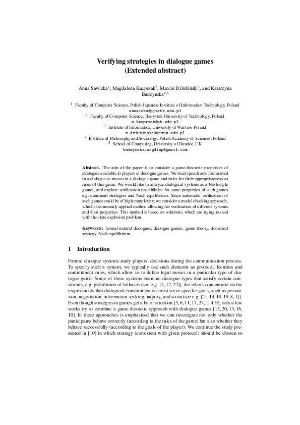 Pdf Verifying Strategies In Dialogue Games Katarzyna Budzynska