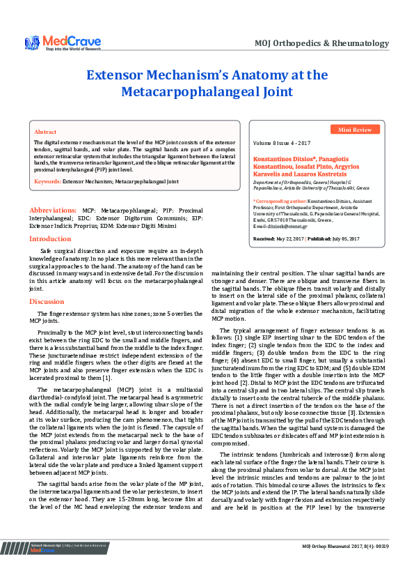 (PDF) Extensor Mechanism’s Anatomy at the Metacarpophalangeal Joint