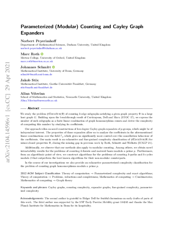(PDF) Parameterized (Modular) Counting and Cayley Graph Expanders | Norbert Peyerimhoff ...