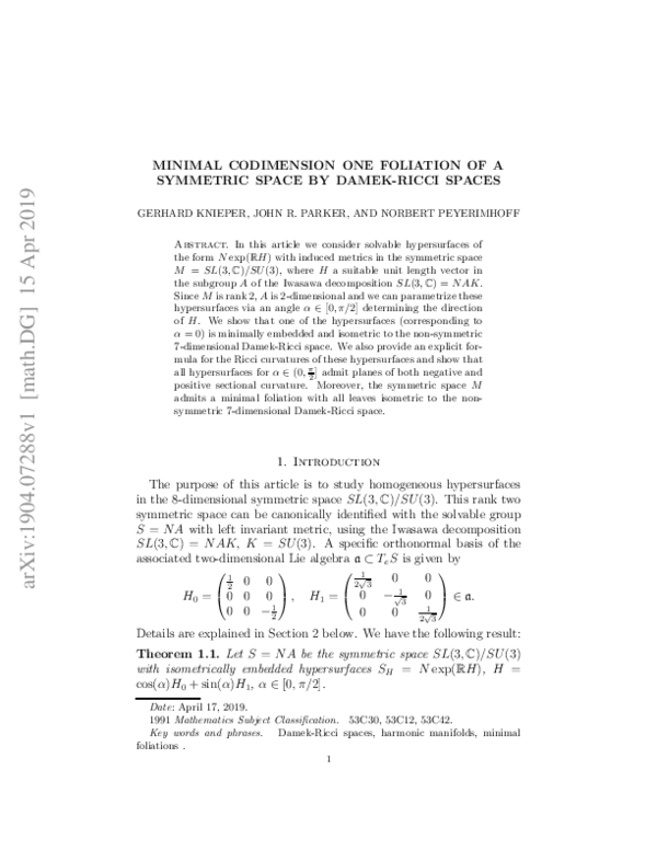 (PDF) Minimal codimension one foliation of a symmetric space by Damek-Ricci spaces | Norbert ...