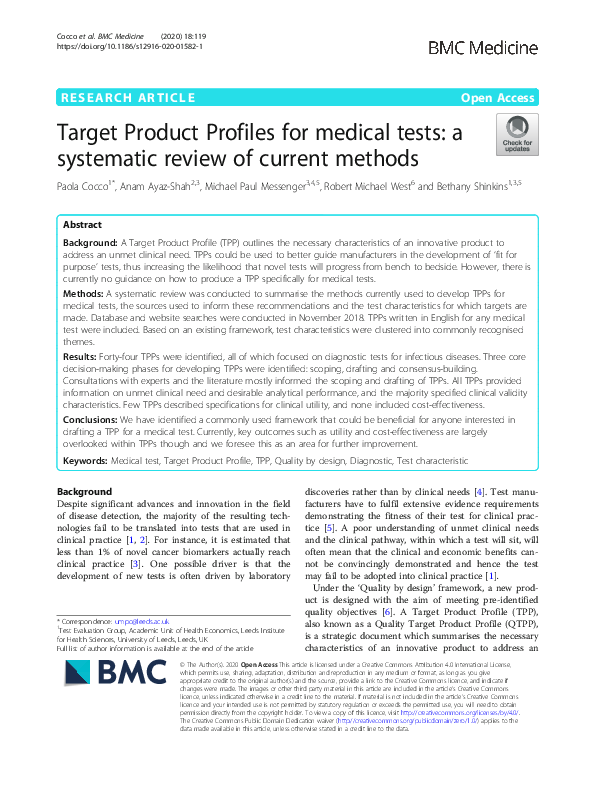 (PDF) Target Product Profiles for medical tests: a systematic review of ...