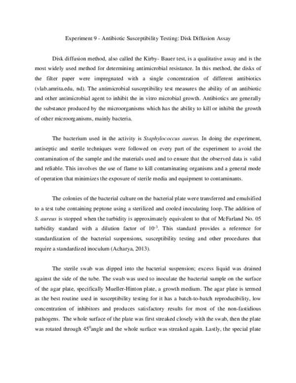 (PDF) Experiment 9 -Antibiotic Susceptibility Testing: Disk Diffusion Assay