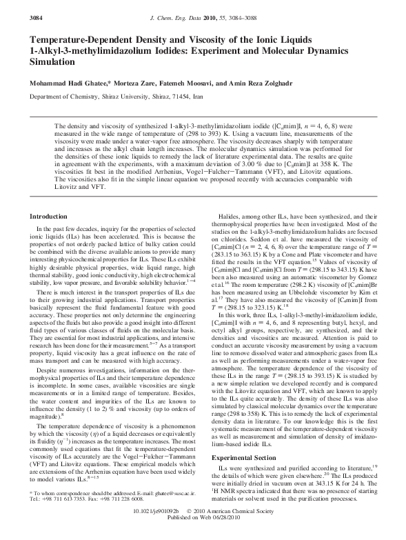 (PDF) Temperature-Dependent Density and Viscosity of the Ionic Liquids 1-Alkyl-3 ...