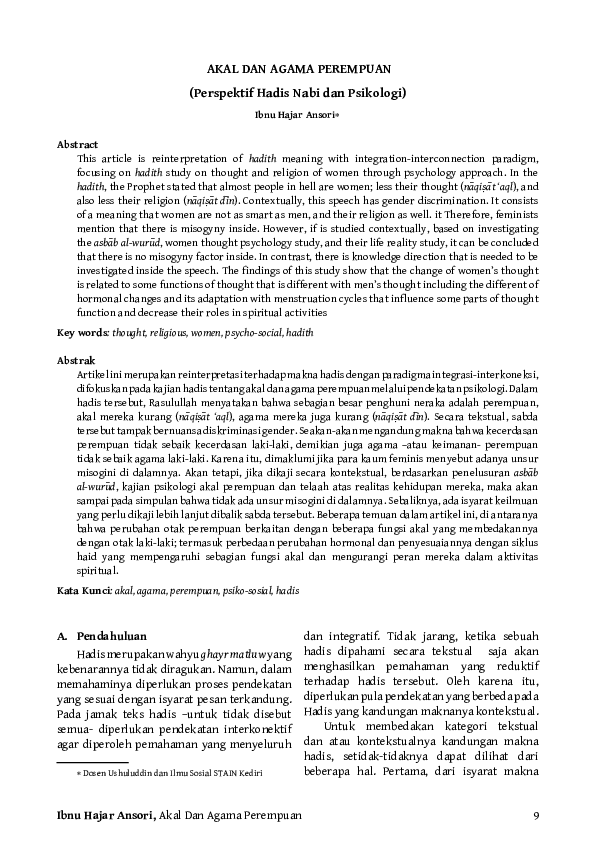 (PDF) AKAL DAN AGAMA PEREMPUAN (Perspektif Hadis Nabi dan Psikologi)