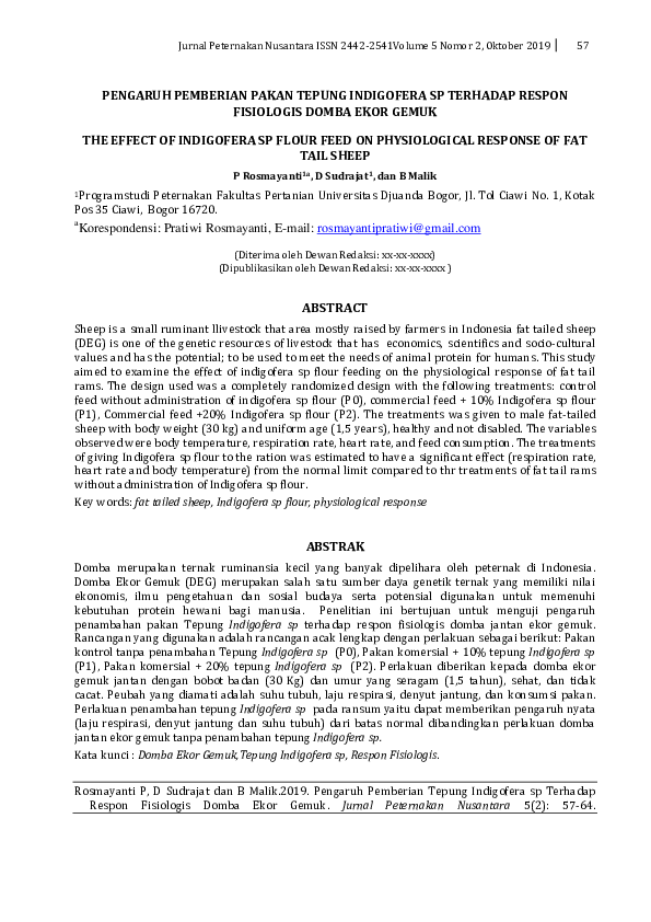(PDF) The Effect of Indigofera SP Flour Feed on Physiological Response of Fat Tail Sheep