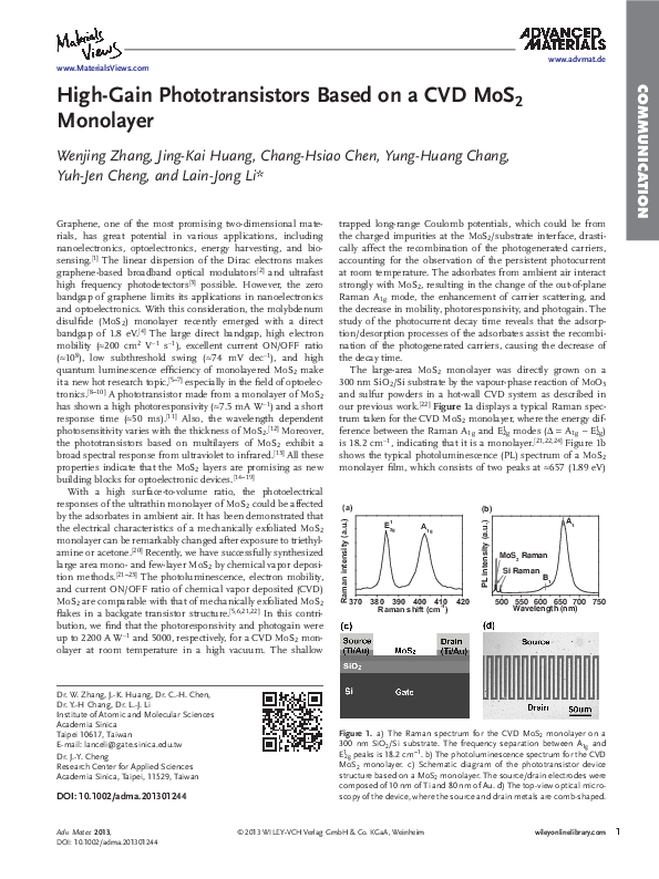 (PDF) High-Gain Phototransistors Based on a CVD MoS2Monolayer