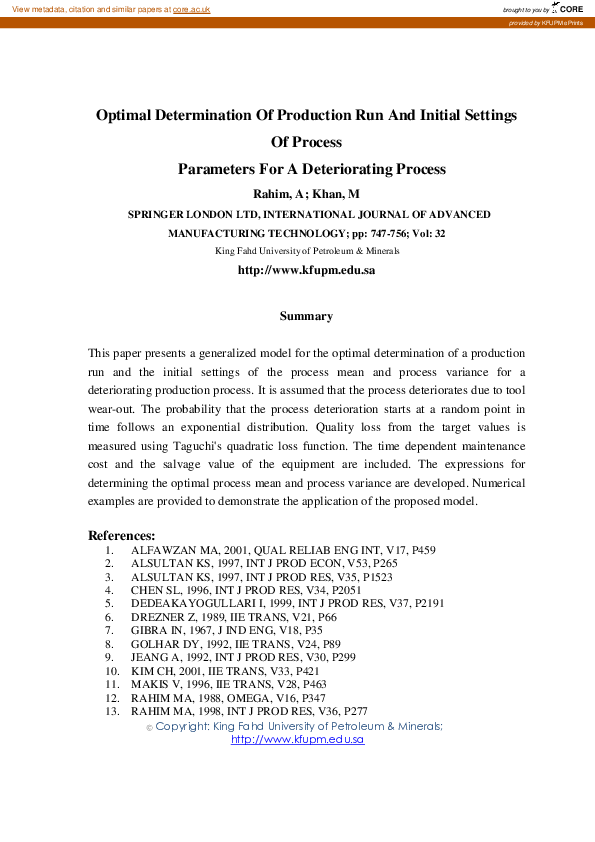 Pdf Optimal Determination Of Production Run And Initial Settings Of Process Parameters For A