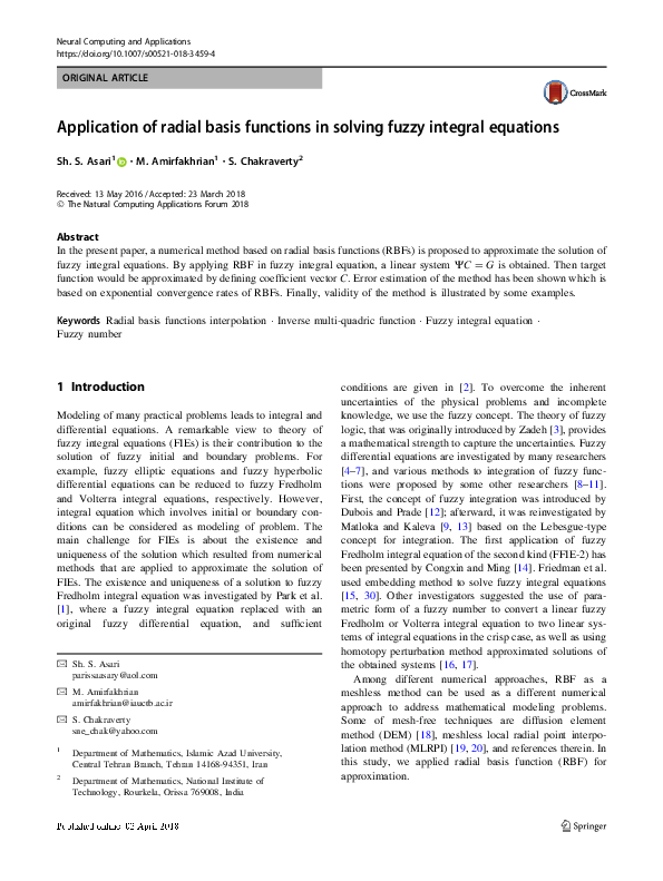 (PDF) Application of radial basis functions in solving fuzzy integral equations
