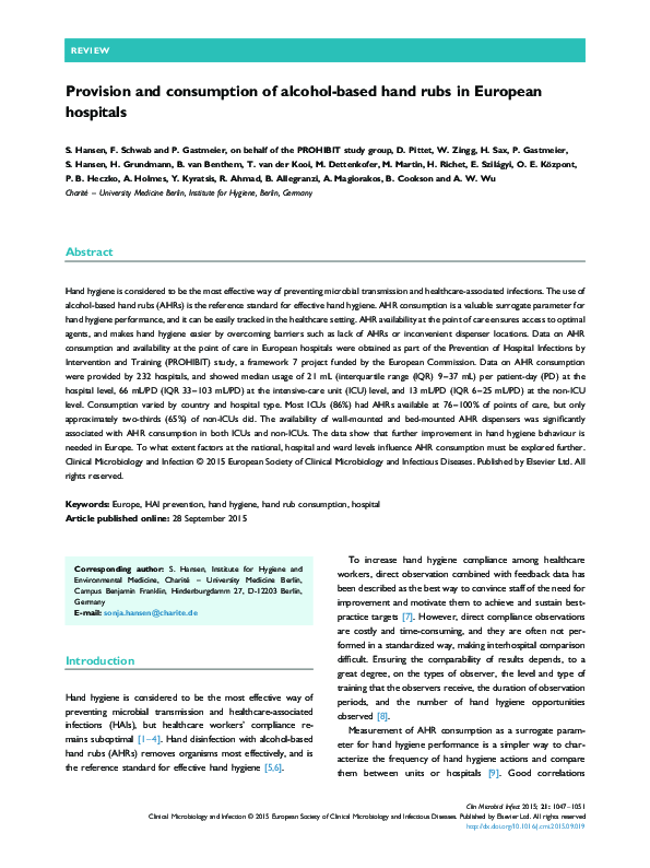 (PDF) Provision and consumption of alcohol-based hand rub in European ...