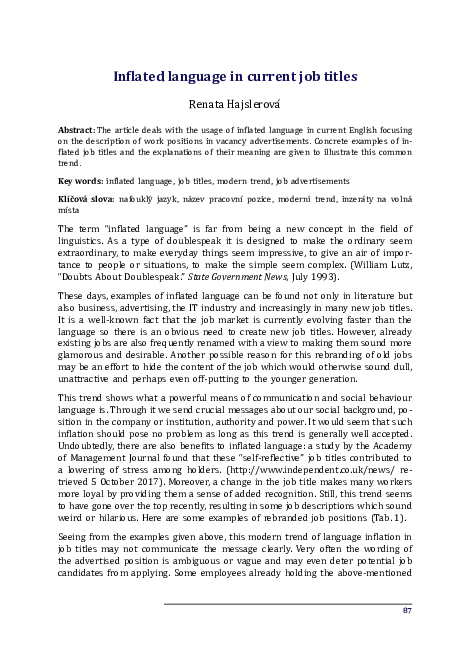 (PDF) Inflated Language in Current Job Titles | Renata Hajslerová ...
