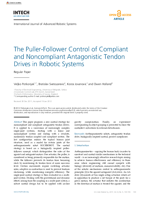 (PDF) The Puller-Follower Control of Compliant and Noncompliant Antagonistic Tendon Drives in ...