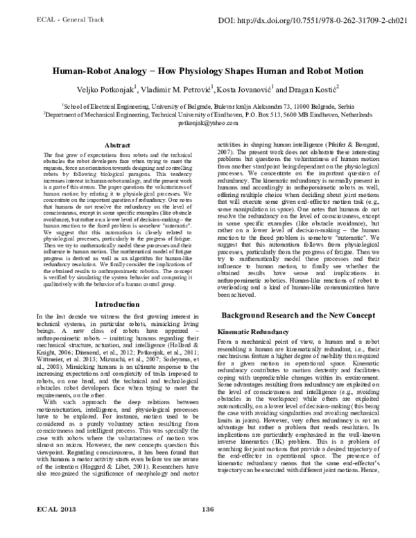 (PDF) Human-Robot Analogy − How Physiology Shapes Human and Robot Motion