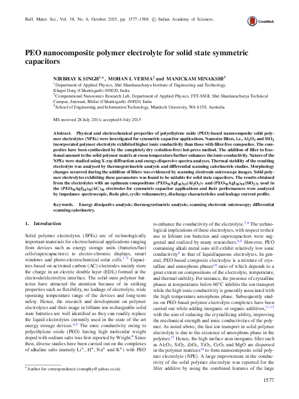 (PDF) PEO nanocomposite polymer electrolyte for solid state symmetric capacitors