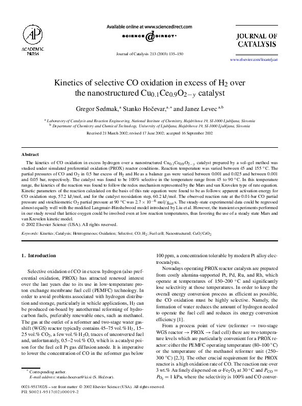 (PDF) Kinetics of selective CO oxidation in excess of H2 over the ...