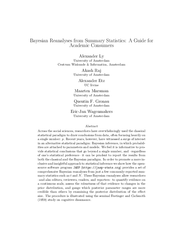 (PDF) Bayesian Reanalyses From Summary Statistics: A Guide for Academic ...