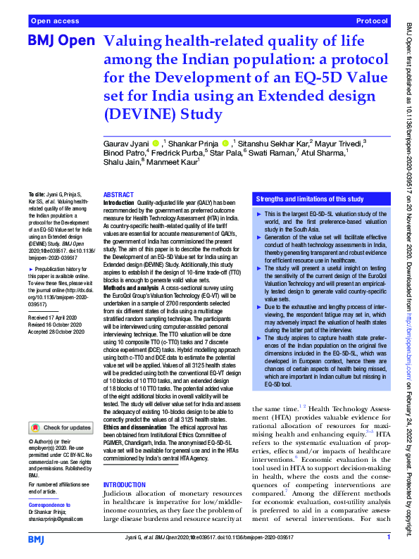 (PDF) Valuing health-related quality of life among the Indian population: a protocol for the ...