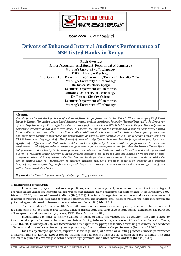 (PDF) Drivers of Enhanced Internal Auditor’s Performance of NSE Listed ...