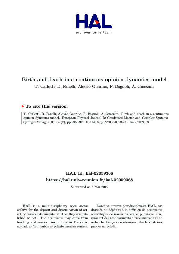 (PDF) Birth and death in a continuous opinion dynamics model