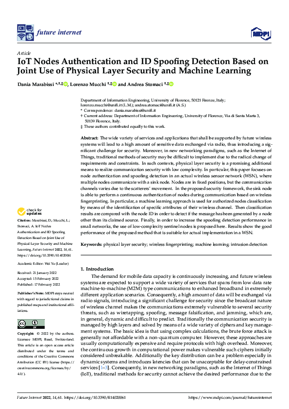 Pdf Iot Nodes Authentication And Id Spoofing Detection Based On Joint