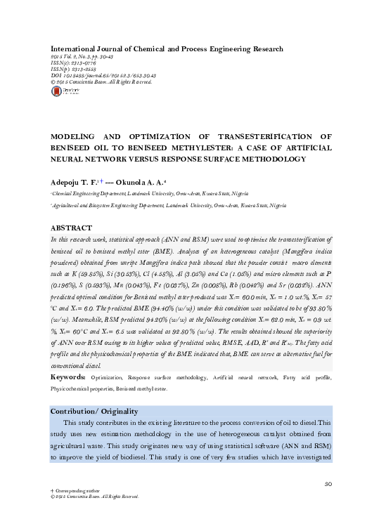 (PDF) Modeling and Optimization of Transesterification of Beniseed Oil ...