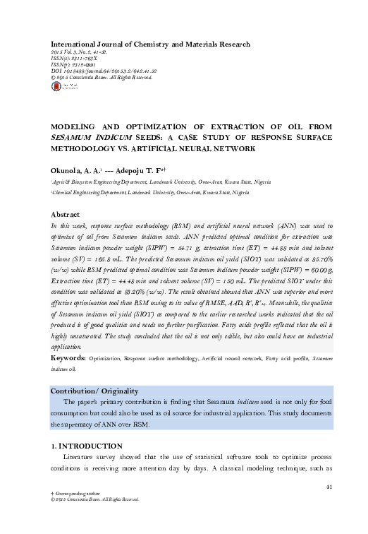 (PDF) Modeling and Optimization of Extraction of Oil from Sesamum Indicum Seeds: A Case Study of ...