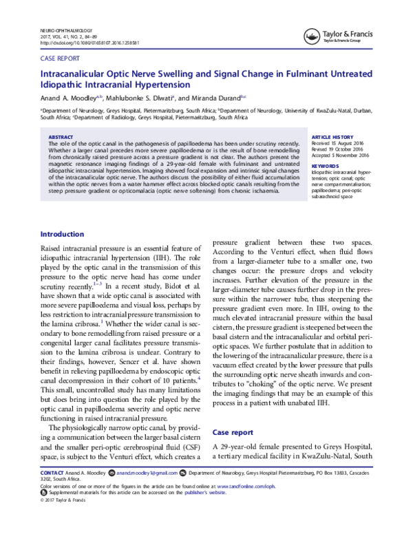 (PDF) Intracanalicular Optic Nerve Swelling and Signal Change in ...