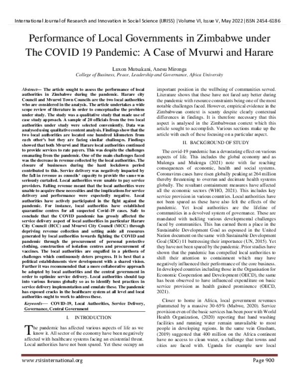 (PDF) Performance of Local Governments in Zimbabwe under The COVID 19 ...