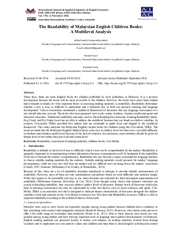 (PDF) Readability Analysis of Malaysian Children's Books