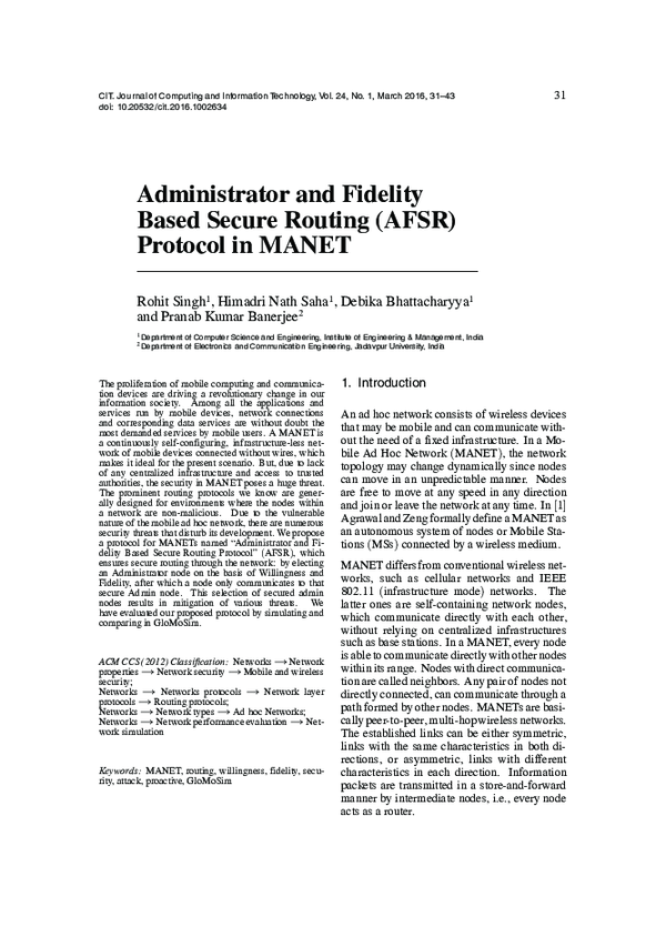 (PDF) Administrator and Fidelity Based Secure Routing (AFSR) Protocol in MANET