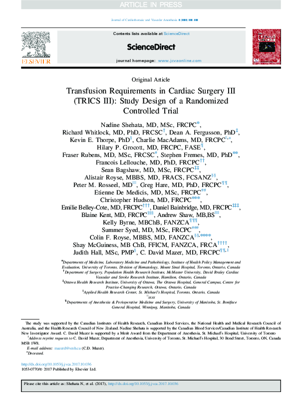 (PDF) Transfusion Requirements in Cardiac Surgery III (TRICS III): Study Design of a Randomized ...