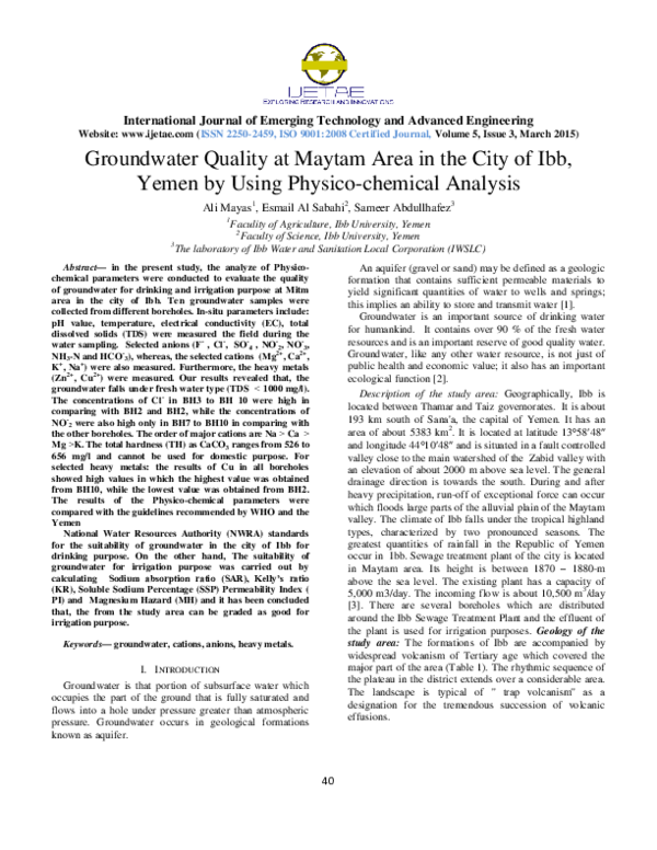 (PDF) Groundwater Quality at Maytam Area in the City of Ibb, Yemen by ...