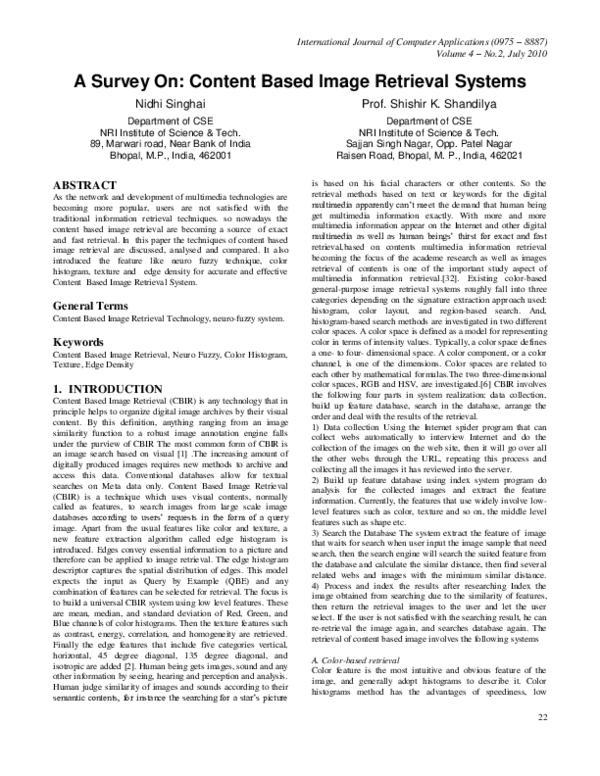 Pdf A Survey On Content Based Image Retrieval Systems” Urvashi Trivedi