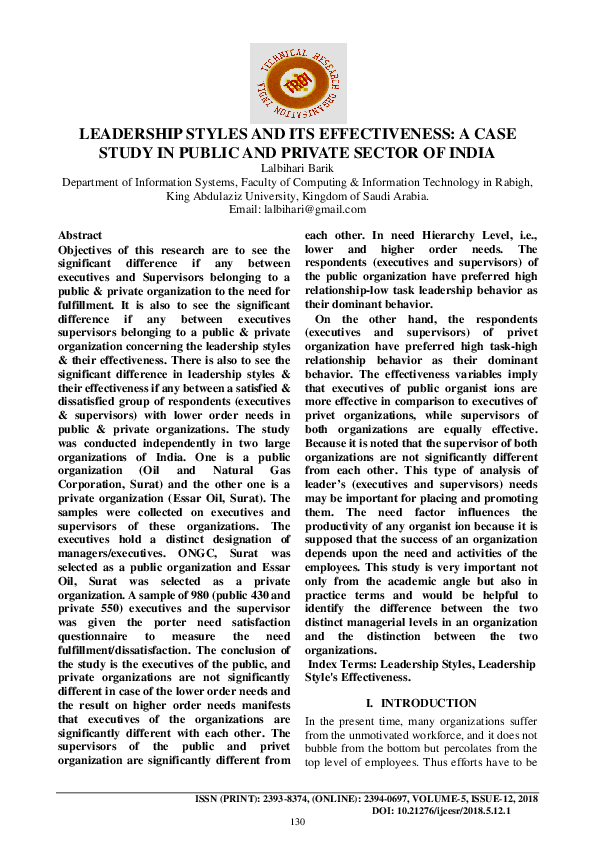(PDF) Leadership Styles and Its Effectiveness: A Case Study in Public ...