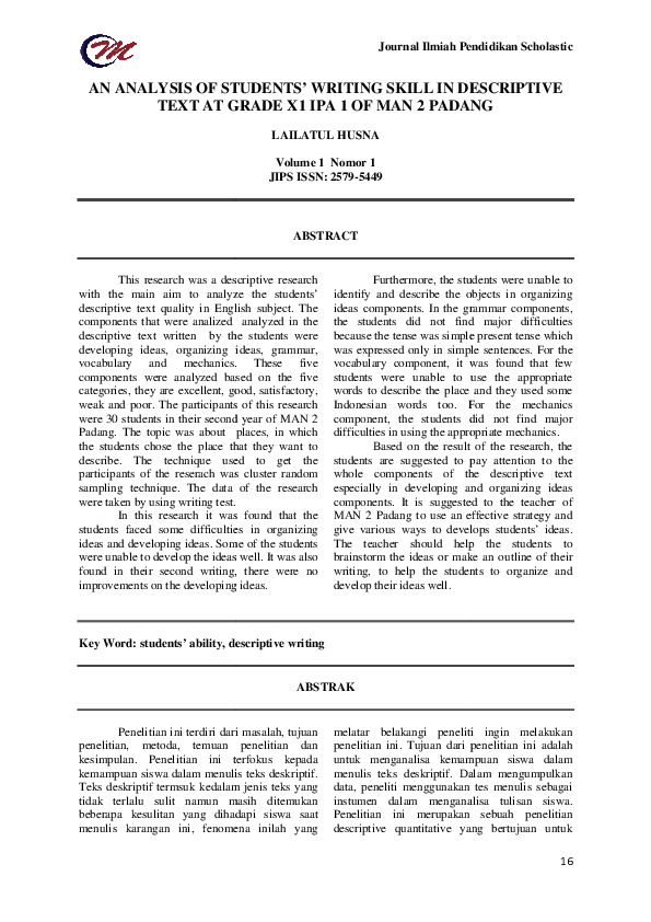 (PDF) An Analysis Of Students' Writing Skill In Descriptive Text At ...