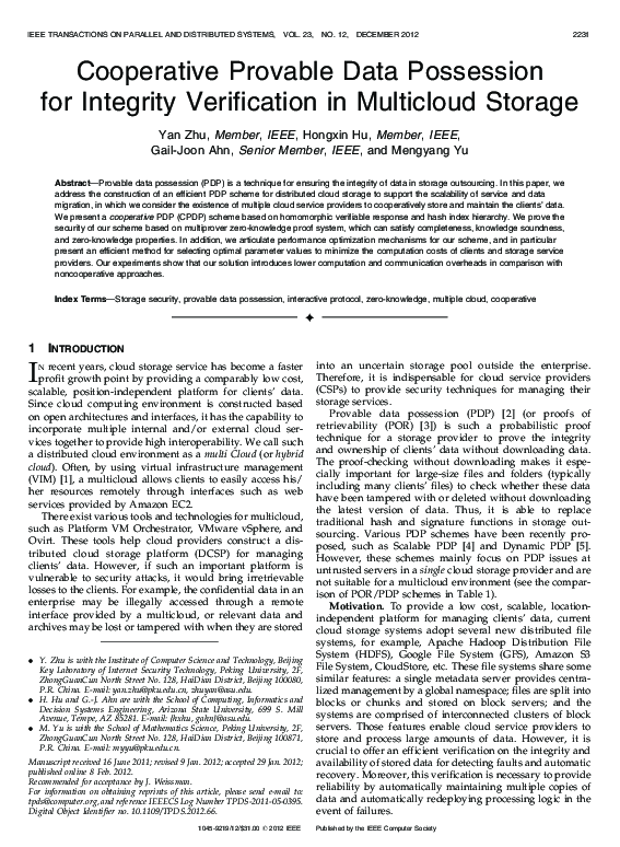 Cooperative Provable Data Possession for Integrity Verification in Multicloud Storage