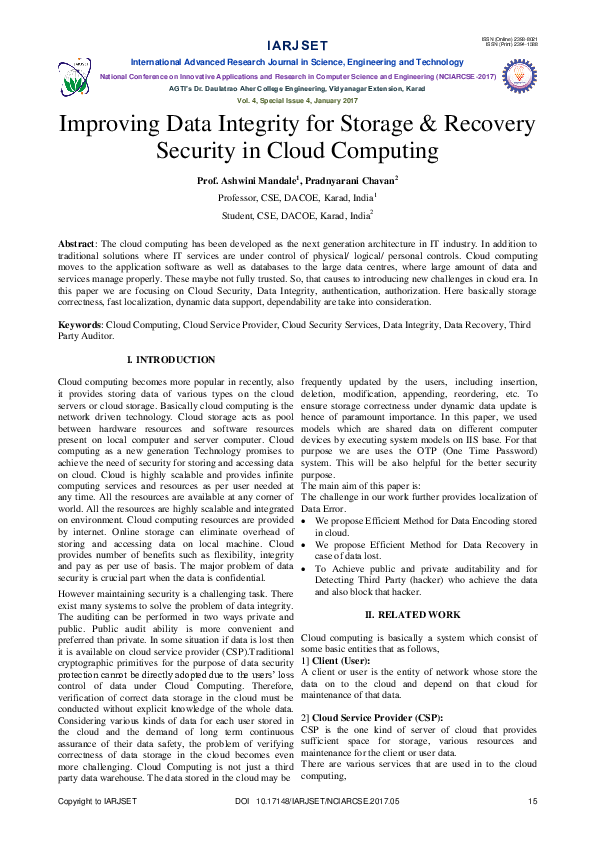 (PDF) Improving Data Integrity for Storage & Recovery Security in Cloud Computing