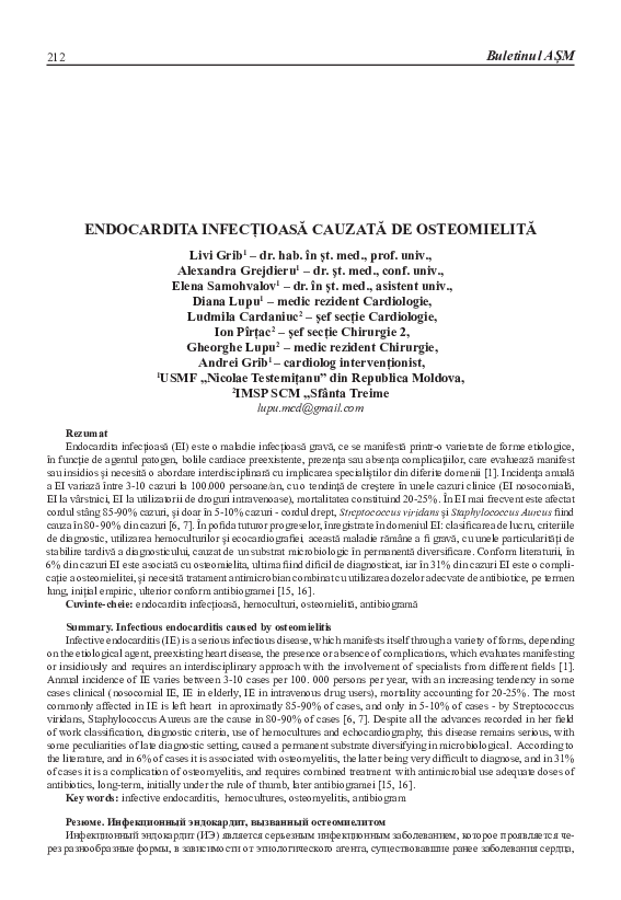 (PDF) Endocardita infecțioasă cauzată de osteomielită
