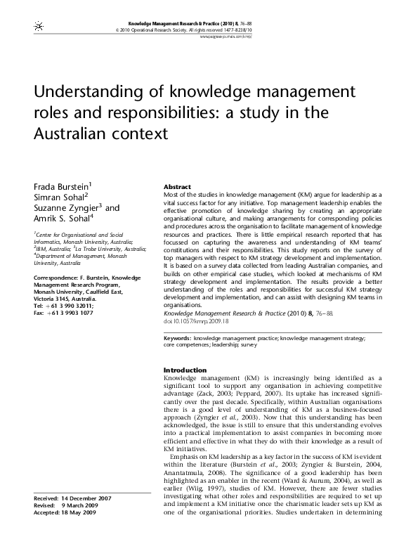 (PDF) Understanding of knowledge management roles and responsibilities ...