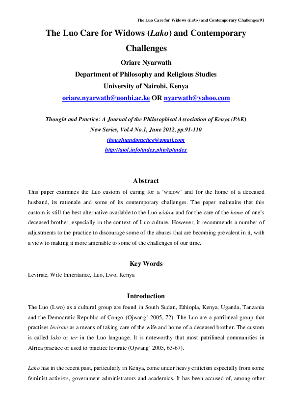 (PDF) The Luo Care for Widows ( Lako ) and Contemporary Challenges
