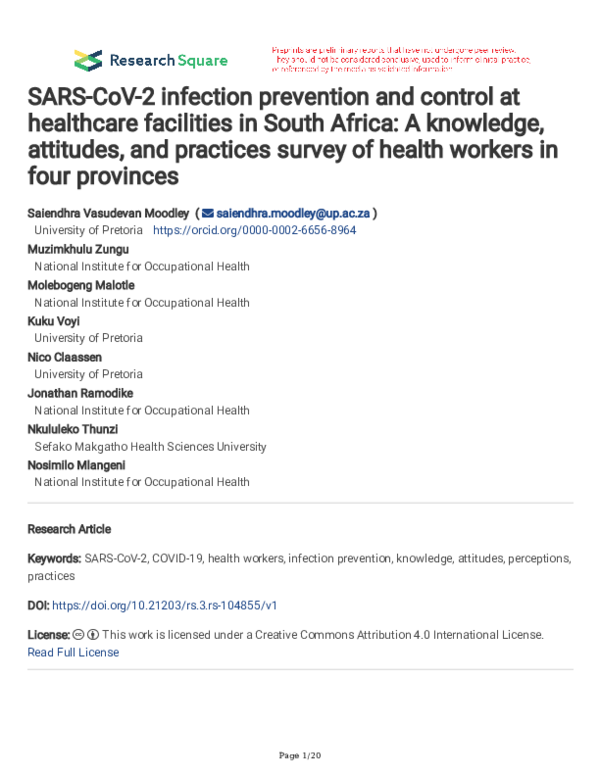 (PDF) SARS-CoV-2 infection prevention and control at healthcare ...