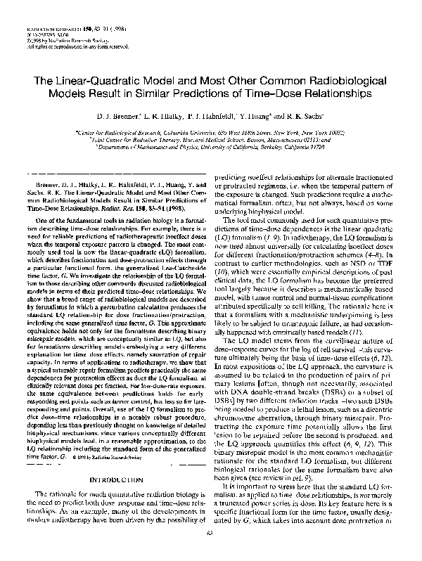 (PDF) The Linear-Quadratic Model and Most Other Common Radiobiological ...