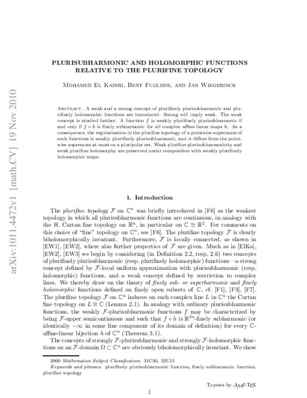 (PDF) Plurisubharmonic and holomorphic functions relative to the plurifine topology