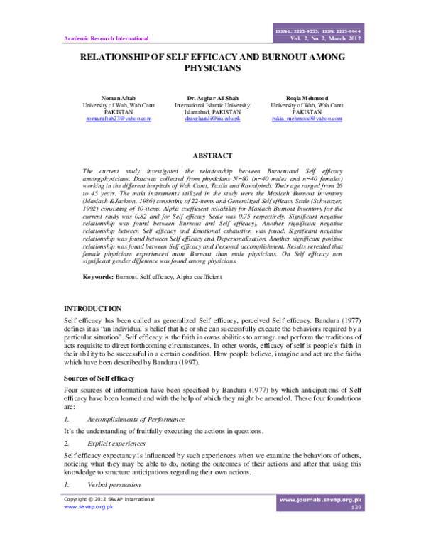 (PDF) Academic Research International RELATIONSHIP OF SELF EFFICACY AND BURNOUT AMONG PHYSICIANS