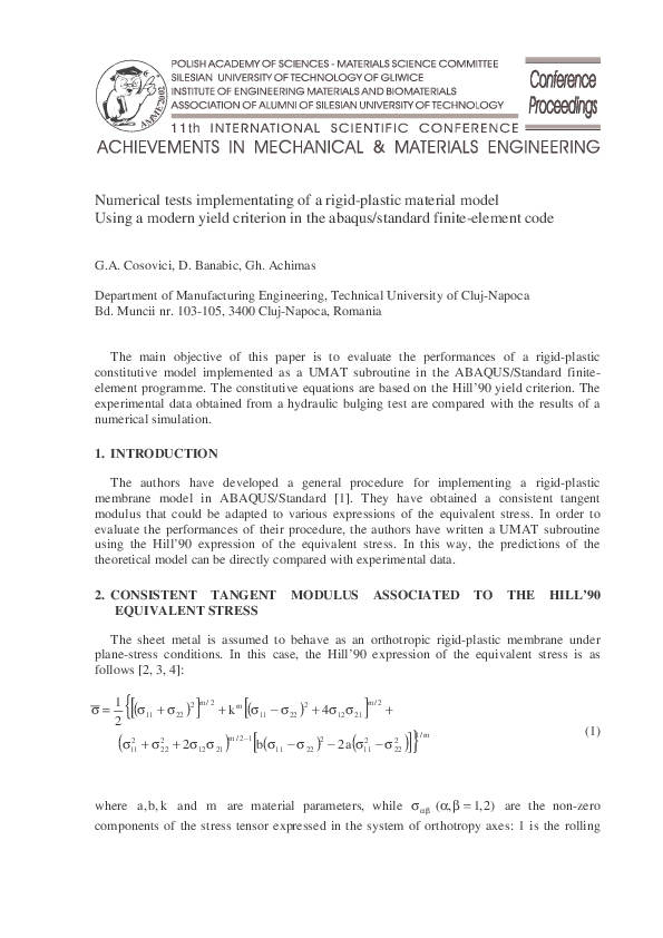(PDF) Numerical tests implementating of a rigid-plastic material model ...