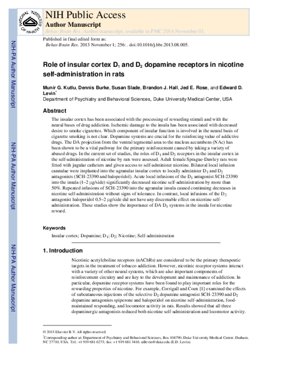 Role of insular cortex D1 and D2 dopamine receptors in nicotine self ...