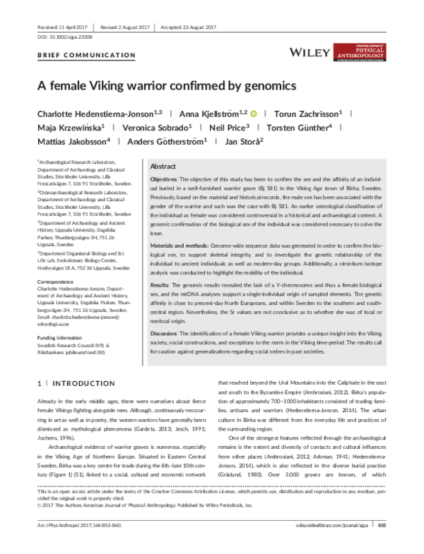 (PDF) A female Viking warrior confirmed by genomics